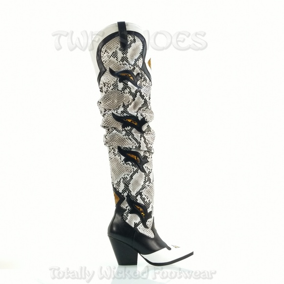 Lemonade | Shoes | Thigh High Slouch Cowboy Boot White Snake Print ...